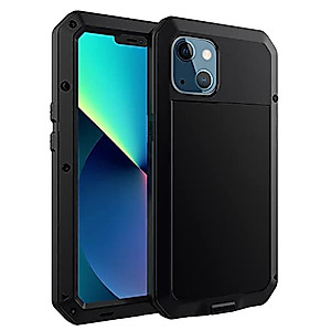 LUSTAM Heavy Duty Rugged Full Body Shockproof Dustproof Military Aluminum Silicone Bumper Protective Hard Case with Built in Screen Protector, Port Protector for iPhone 13 Mini 5.4 inch, Black