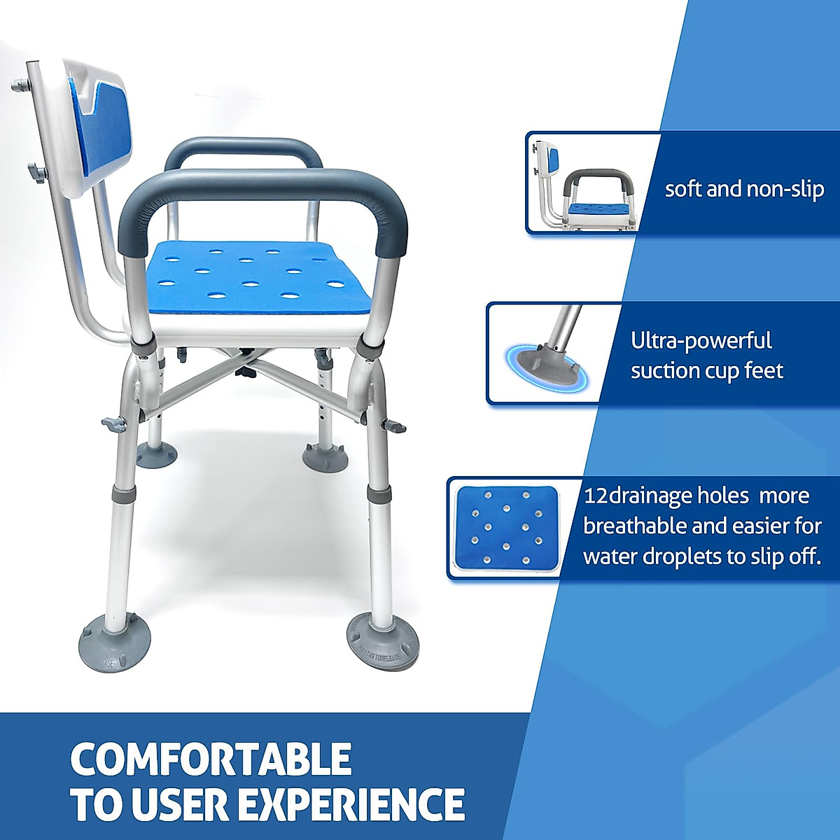 Bcareself Shower Chair with Arms with Unique Heavy Duty Crossbar Supports Bath Chair with Back Bariatric Bath Stool Safety Handicap Shower Chair for Disabled Elderly Seniors Height Adjustable