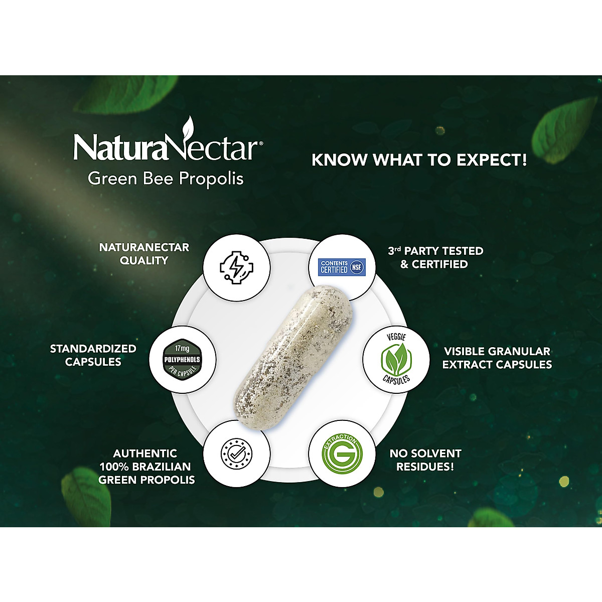 NaturaNectar Green Bee Propolis | NSF Contents Certified | Premium Brazilian Propolis | Care Relief | Ethical Beekeeping & Naturally Sourced | 60 capsules
