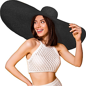 Oversized Sun Straw Hat for Women, UPF 50+ Floppy Wide Brim Summer Hat, Foldable Roll Up Travel Hat (Black, 11.8 Inches Brim Width)