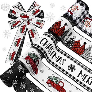 AnyDesign 30 Yards Christmas Wired Edge Ribbon 2.5 Inch Black White Buffalo Plaids Fabric Ribbon Xmas Tree Santa Snowflake Craft Ribbon for Holiday Wrapping DIY Making Bow Wreath