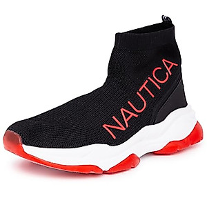 Nautica Men's High Top Sneakers Breathable Knit with Socks Ankle Support Slip-On Tennis Comfort Shoes for Fashion Gym Sports-Bowen Mens-Black Red-Size 13