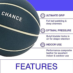 Chance Premium Indoor/Outdoor Basketball - Composite Leather (Sizes: 5 Youth, Size 6, Size 7) (Pebble - Teal, 7 Men's Official - 29.5")