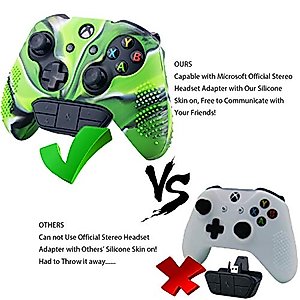 9CDeer 1 Piece of Studded Protective Silicone Cover Skin Sleeve Case + 8 Thumb Grips Analog Caps for Xbox One/S/X Controller Camouflage Green compatible with Official Stereo Headset Adapter