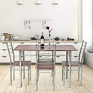 Giantex Modern 5 Piece Dining Table Set with 4 Chairs Metal Frame Wood Like Kitchen Furniture Rectangular Table & Chair Sets for Dining Room (Shallow Walnut)