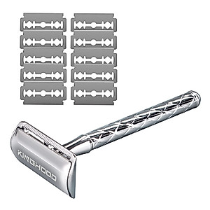 Kinghood Single Blade Safety Razor - Metal One Blade Razor for Men & Women with 10 Stainless Steel Double Edge Blades (Silver)