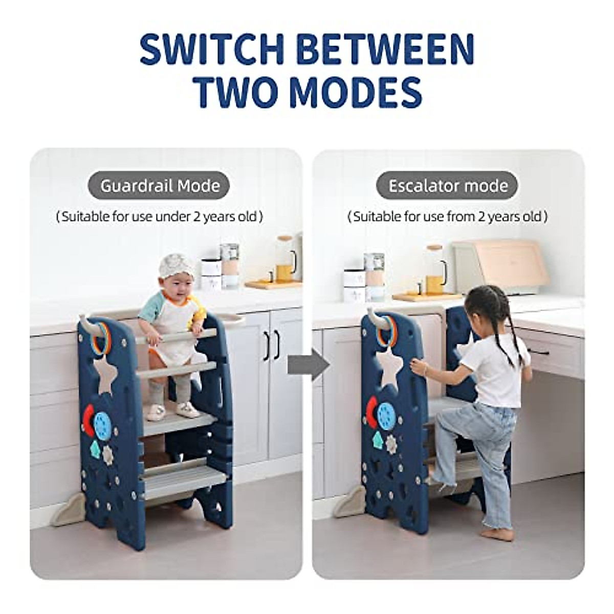 UNICOO –Kids Kitchen Step Stool with Double Safety Rails, Toddler Learning Stool with 3 Adjustable Heights and Non-Slip Foot Pads, Toddler Tower for Kitchen Countertop and Bathroom (OMLT-Dark Blue)