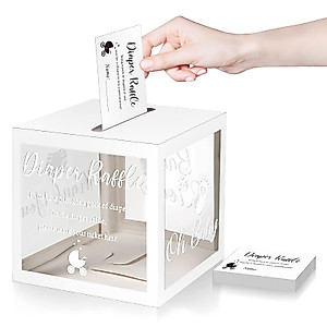 Funrous 50 Diaper Raffle Tickets with Box for Baby Shower Game Invitations Diaper Raffle Card for Gender Reveal Baby Shower Party Decoration Table Centerpiece (Clear White)
