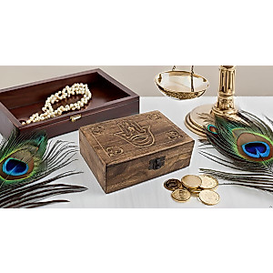Great Birthday Gifts Handmade Decorative Wooden Jewelry Box Hamsa Hand Carving Jewelry Organizer Keepsake Box Treasure Chest Trinket Holder Watch Box Storage Lock Box 7 x 5 Inches Housewarming Gift