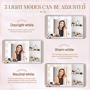 Furmax Vanity Desk with LED Lighted Mirror&Power Outlet, 39.3’’ Makeup Vanity Table with 4 Drawers and 3 Storage Shelves, Adjustable 3 Lighting Colorfor Bedroom&Dressing Room (White)