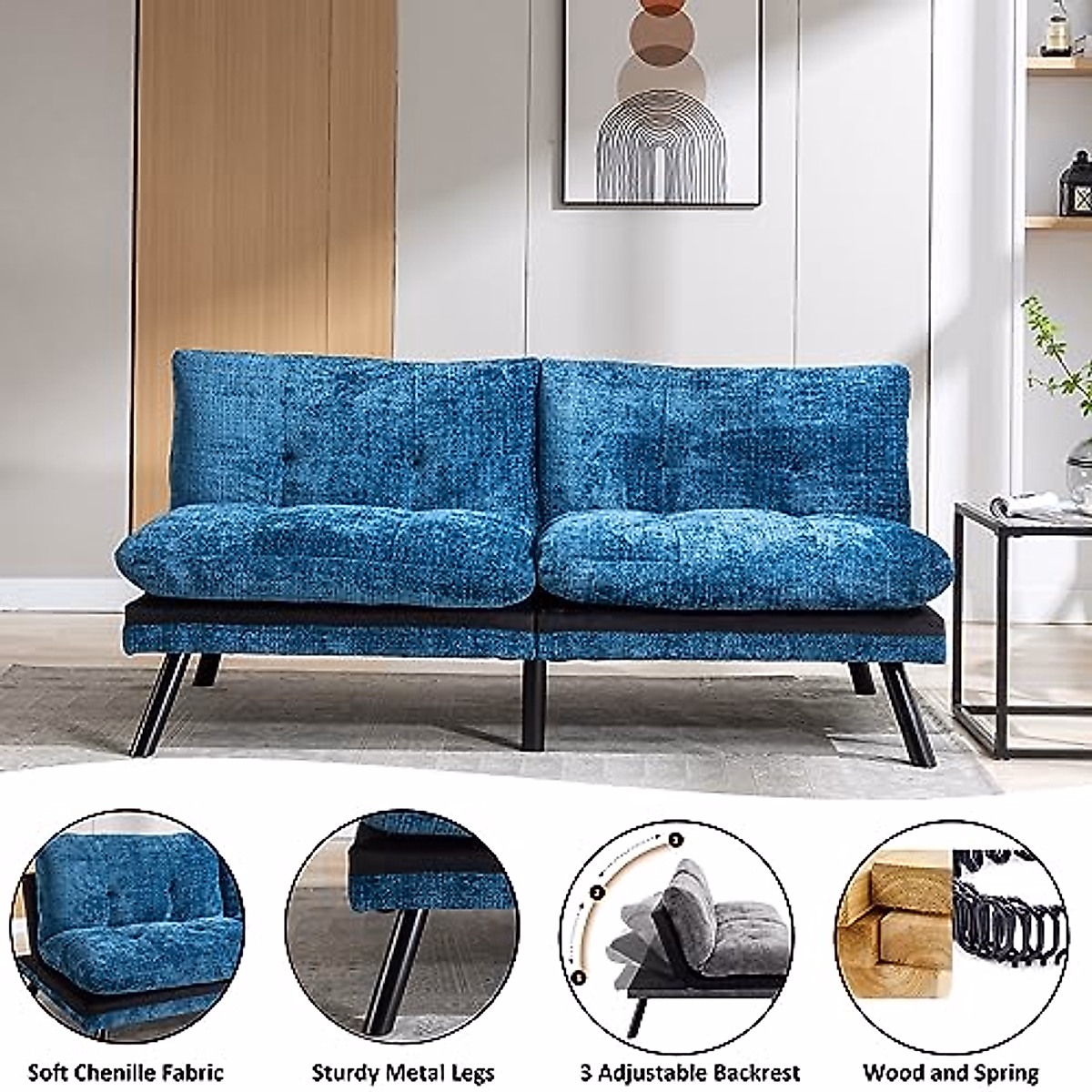 Anwick Futon Sofa Bed Convertible Futon Sleeper Couch, 71" Sleeper Sofa Bed with Adjustable Backrest, Modern Loveseat Couch for Compact Living Room, Apartment, Office (Blue)
