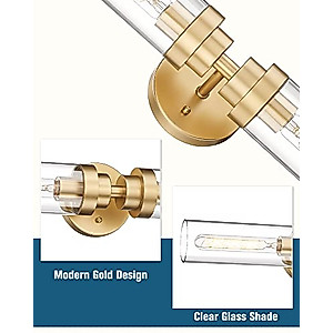 Emak Modern 22 Inch Gold Bathroom Light Fixtures Over Mirror, Cylinder Bathroom Vanity Lights for Mirror, 2-Light Wall Sconces with Clear Glass for Bathroom, Bedroom, Hallway, VL085-GD-2
