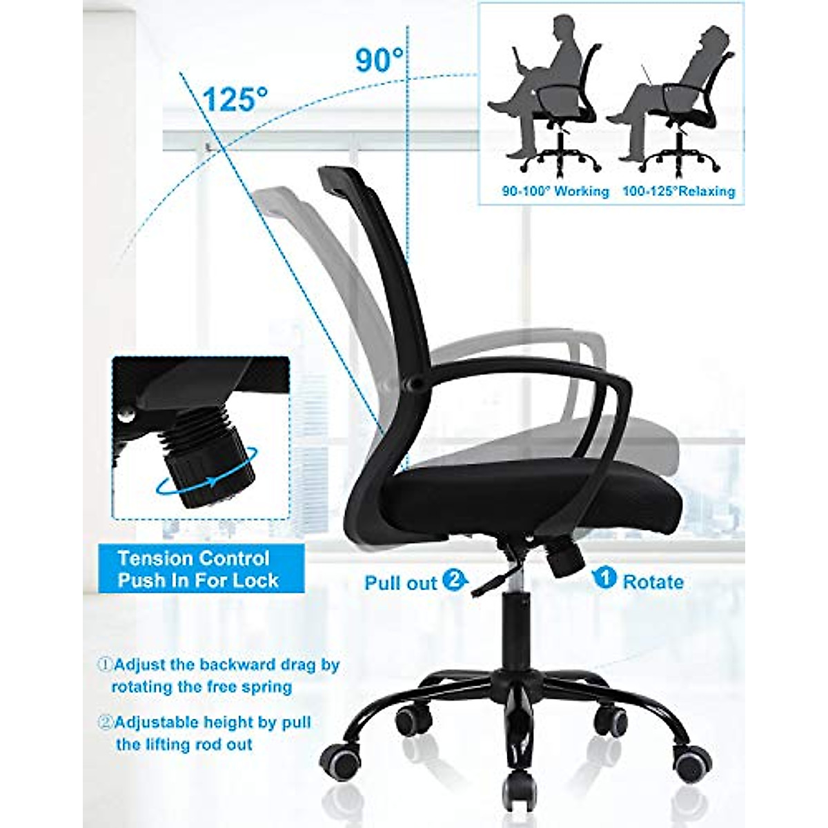 Home Office Chair, Ergonomic Desk Chair Mesh Mid Back Adjustable Height Computer Chair with Lumbar Support and Armrest Executive Arbitrary Rolling Swivel Task Chair - Black