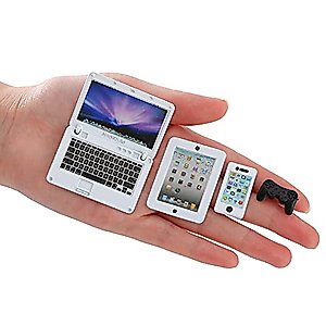 LZQINXUN 4 Pack Dollhouse Accessories,Toy Laptop,Phone,Mini Tablet and Gamepad,Scene Simulation for Doll 1/6 1/12 Scale,Miniature Toys Accessories (White)