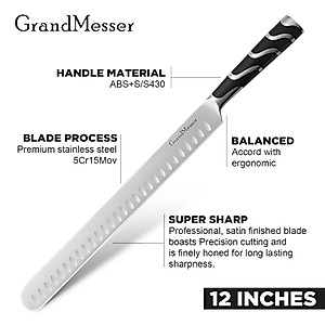 GrandMesser Carving Knife, 12 Inch Slicing Knife for Meat, Premium German Steel Brisket Knife with ABS Handle, for BBQ Brisket Turkey Ham Rib Roast Beef with Sharpener.