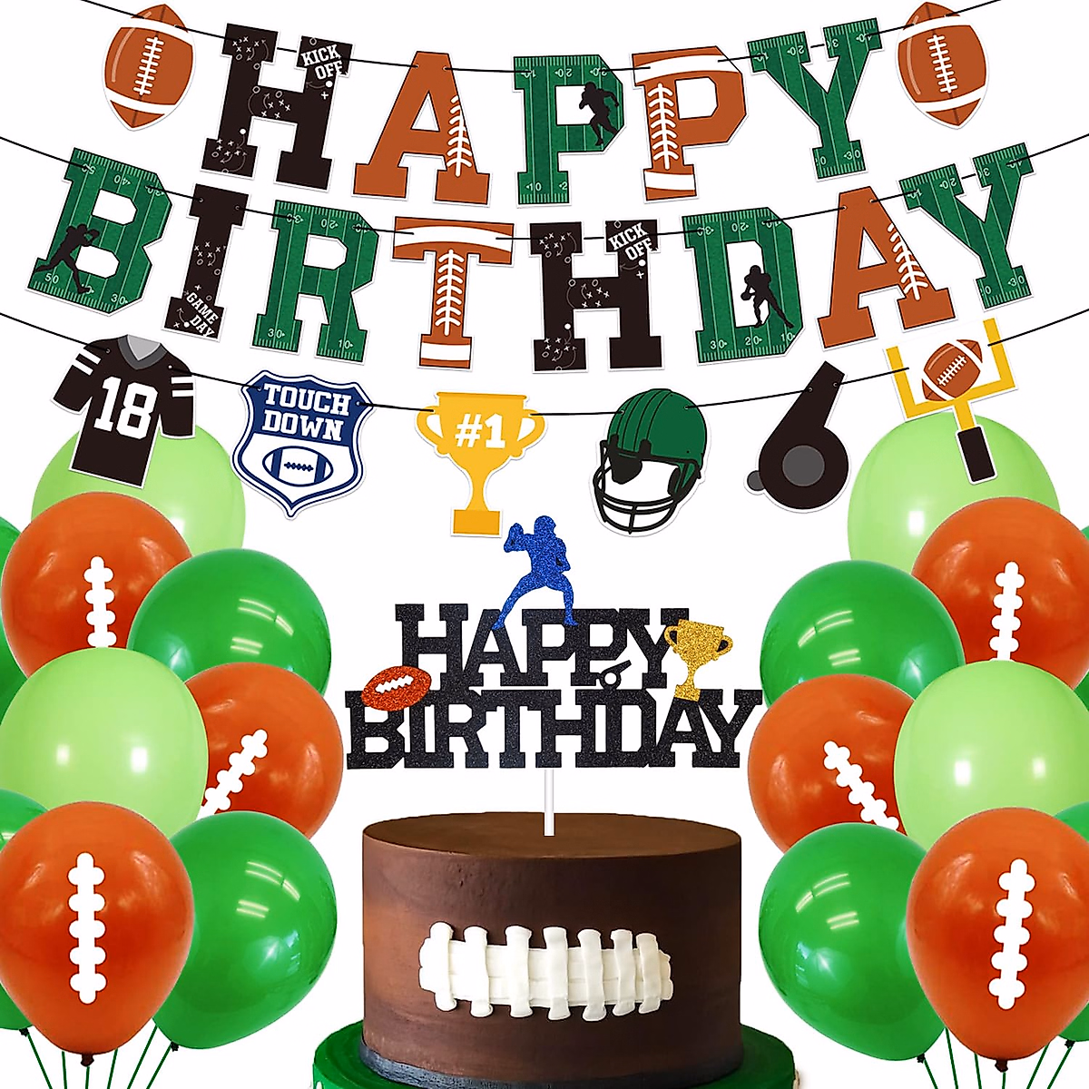 Football Birthday Party Decorations Pack for Football Touchdown Sports Theme Birthday Party Decoration - Includes Happy Birthday Banners, Cake Topper and Balloons