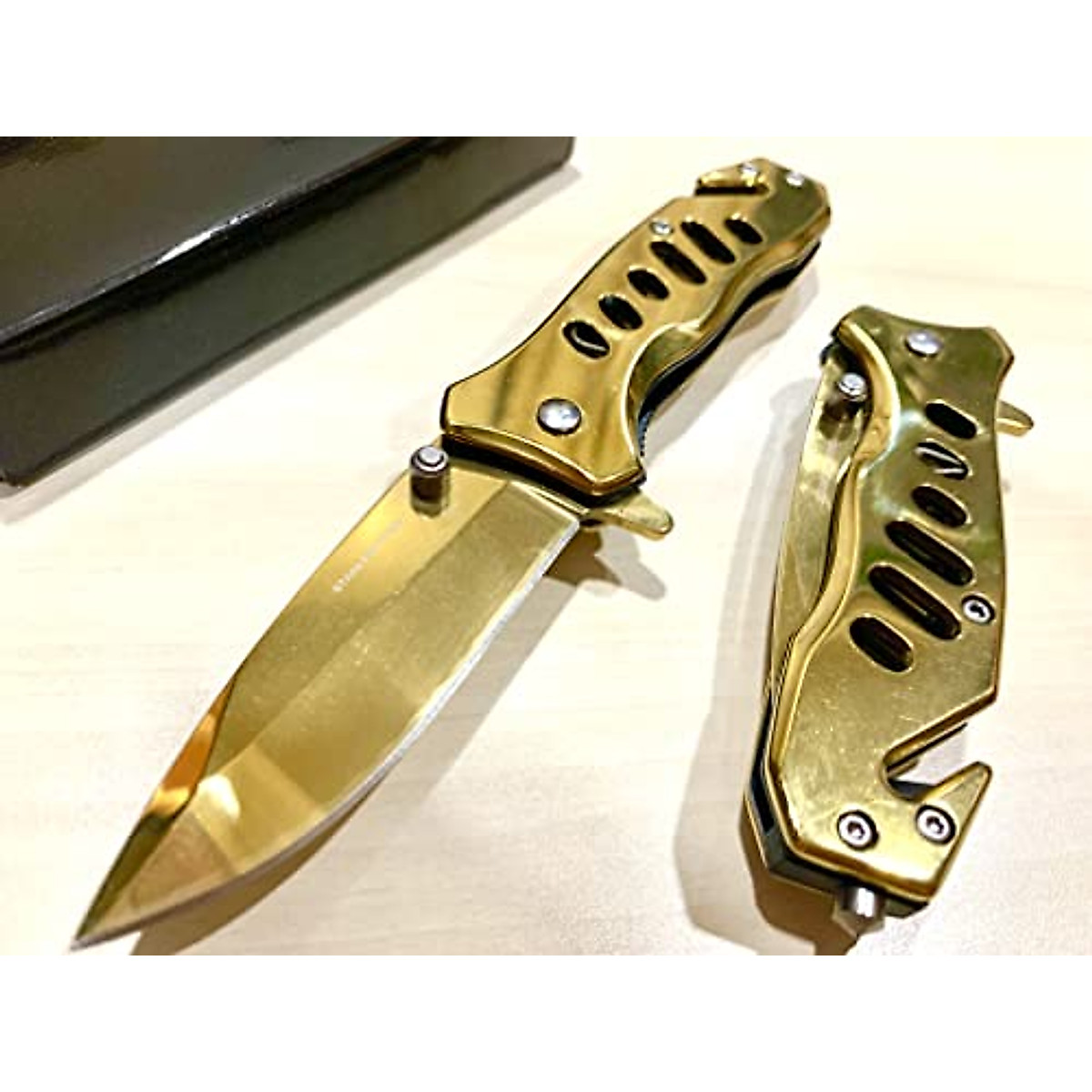 Super Knife 6.75" Gold Coated Spring Assisted Open Blade EDC Folding Pocket knife, Straight Edge Blade (Gold)