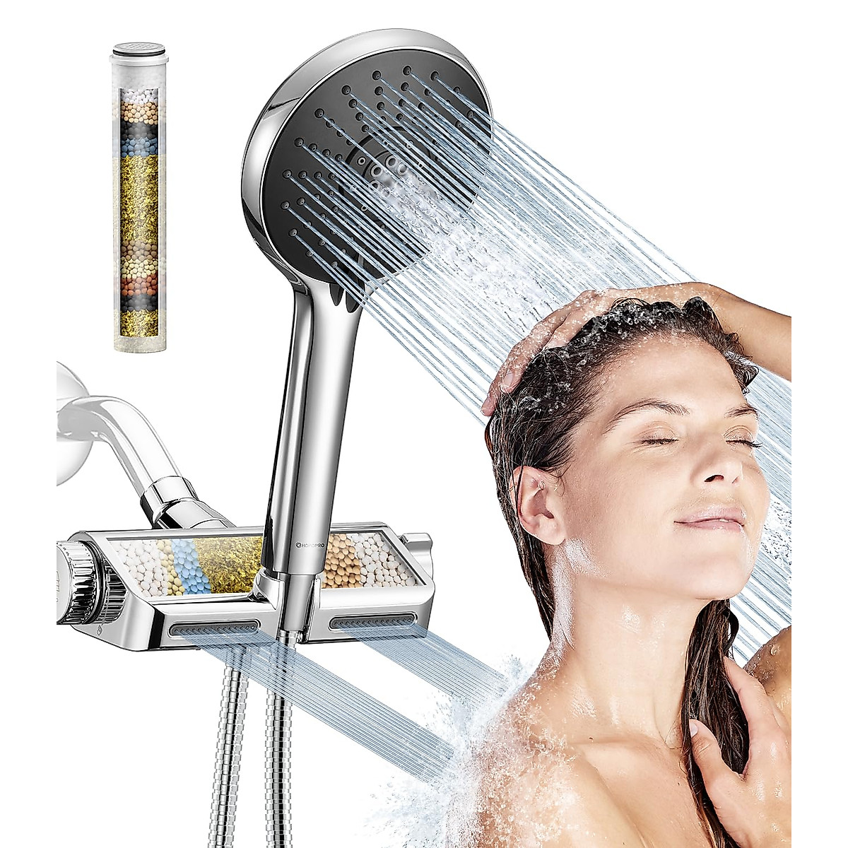 HOPOPRO Filtered Shower Head with Handheld Combo, Dual Water Softener Shower Head with Massage, High Pressure Shower Head with Filters for Hard Water, Remove Chlorine, Reduce Dry Itchy Skin
