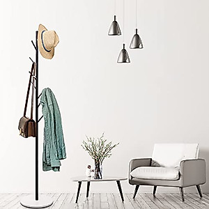 FLRH Coat Rack, 66" Metal Coat Shelf with Stable Marble Base, Metal Tree Hat & Coat Hanger with 7 Hooks, Floor Free Standing Wall Bedroom, Easy Assembly (Black)