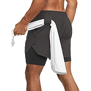 TiaoBug Men's 2 in 1 Workout Running Shorts Quick Dry Gym Yoga Training Shorts with Zipper Pockets 7-Inch Sports Shorts Dark Grey Large