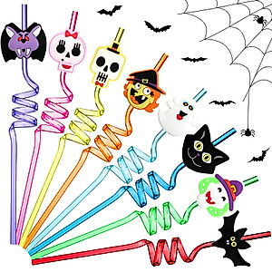 24 Pieces Halloween Straws Reusable Halloween Plastic Crazy Straws Skeleton Ghost Vampire Bat Witch Black Cat Silly Straws for Party Decoration Supplies Birthday Party Favors 8 Styles, 8 Colors