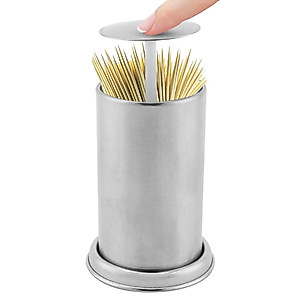 TOPINCN Toothpick Holder Portable Stainless Steel Toothpick Dispenser Bottle Click Open Pocket Toothpick Case Cotton Swab Storage Container Hotel Restaurant Home Desk Decor