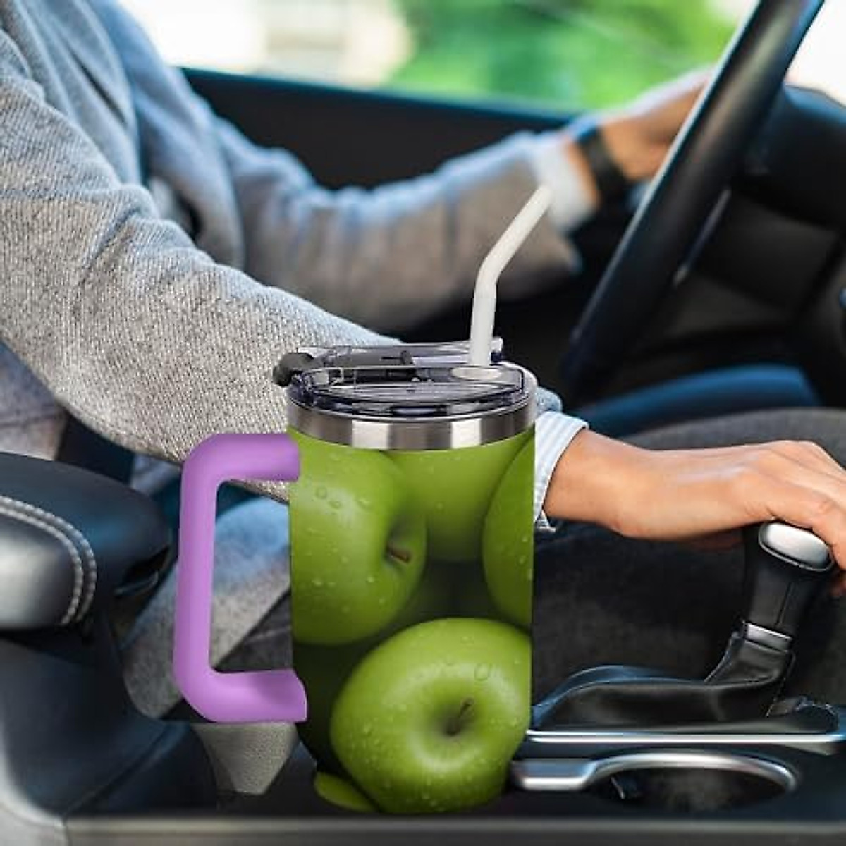 Green Apples Water Drop 40 Oz Car Cup Stainless Steel Travel Mug Leak-Proof Insulated Tumbler with Handle Violet-style
