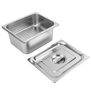 1 Set 1/2 Size Stainless Steel Steam Hotel Pan Steam Table Pan Food Service Pan for Party, Kitchen, Restaurant, Hotel w/Perforated Pan + Lid