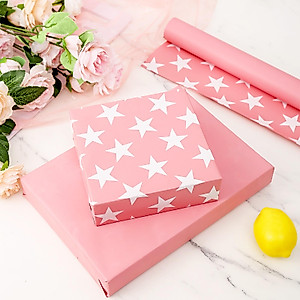 U'COVER Pink Gift Wrapping Paper Roll for Girls Women Birthday Baby Shower Wedding Christmas Valentines Day Anniversary Graduation Holiday Gift Wrap Rolls Star Pattern Medium Roll (PINK)