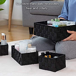VK Living Woven Storage Box Basket Bin Container, Woven Strap Basket, Nylon Woven Box Basket, Underwear Bra Storage Organizer Divider for Drawer, Dresser, Closet, Black, Set of 4