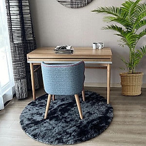 ConCus-T Dark Grey Round Area Rugs Fluffy Circle Rug Shag Round Rugs for Bedroom Living Room Non-Slip Faux Fur Plush Area Rug Kids Teen Exquisite Room Decor, Tie-Dye Dark Grey, 4x4 Feet