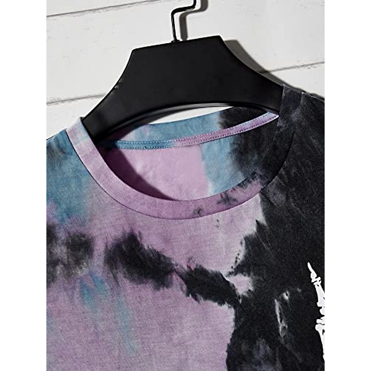 Verdusa Men's Tie Dye Short Sleeve Round Neck Tee Top Black Purple M