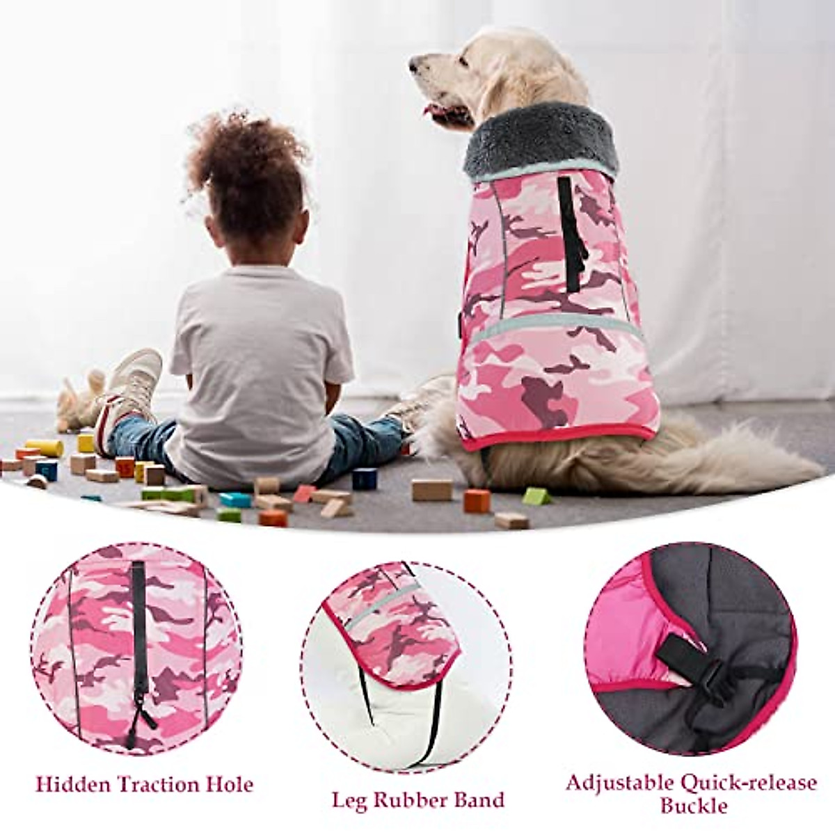 IKIPUKO Dog Winter Coat, Waterproof Windproof Dog Snowsuit Warm Dog Coat with Neck Zipper, Dog Cold Weather Coats for Large Medium Small Dogs, Dog Fleece Jackets Reflective Dog Puffer Coat(Camo L)