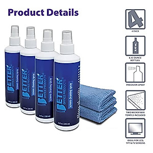 Screen Cleaner Spray Kit, 4 Pack - 4 Spray Bottles (Each 8.45 oz/Total 33.8 oz) with 2 Extra-Large Microfiber Cleaning Towels, by Better Office Products, for Computers, Laptops, LDC/LED/TV Screens