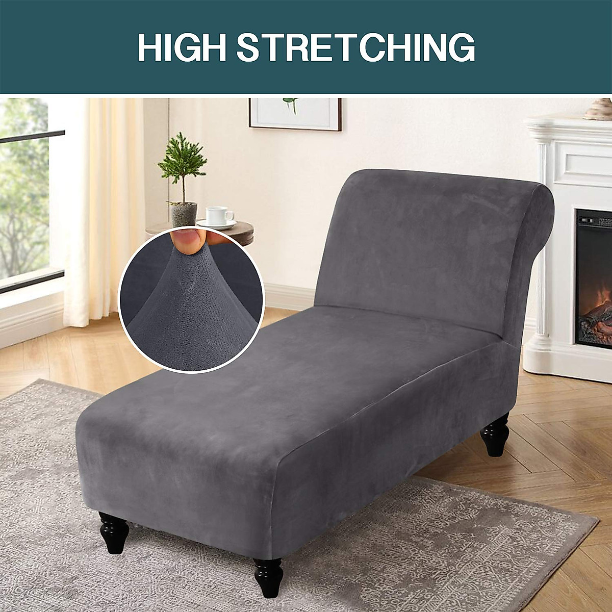 FantasDecor Chaise Lounge Velvet Luxury Covers for Living Room Indoor Stretch Slipcover for Chaise Lounge Ultra Soft Machine Washable, Grey