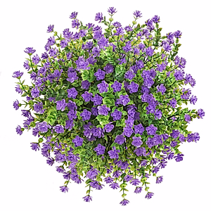 Momkids 4 Pcs Sprlng Artifical Flower & Plant Outdoor Uv Resistant Faux Plastic Floral Fake Greenery Shrubs Hanging Plant Planter for Home Garden Window Box Balcony Porch Decoration (Purple)