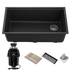 Kraus KGUW2-33MB-100-100, Bellucci Workstation 32 in. Undermount Granite Composite Single Bowl Kitchen Sink in Metallic Black with WasteGuard 1 HP Continuous Feed Garbage Disposal and Accessories