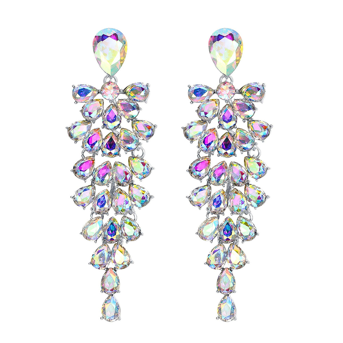 BriLove Women's Wedding Bridal Dangle Earrings for Party Prom Crystal Multi-Layer Teardrop Cluster Bling Jewelry Iridescent AB Silver-Tone