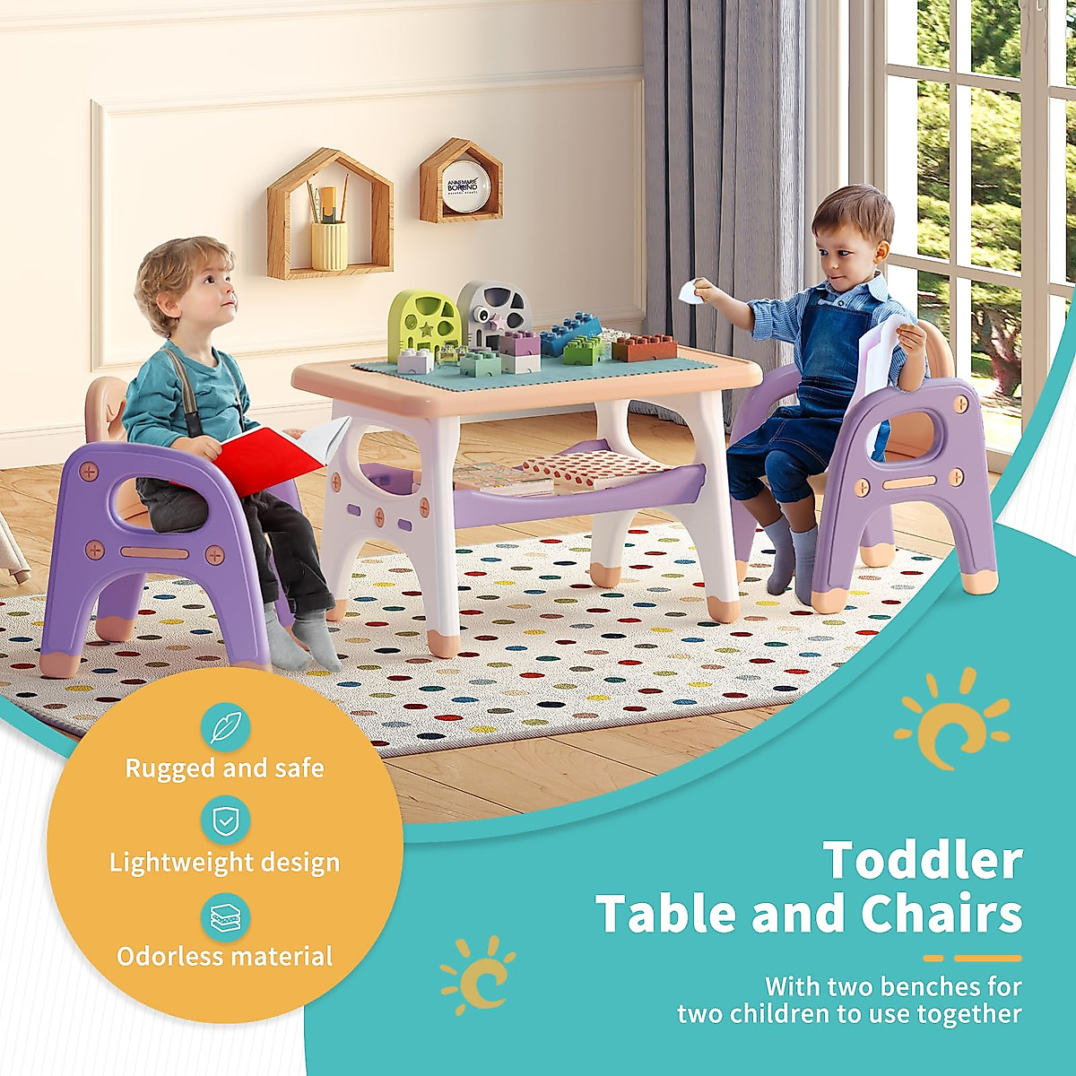Toddler Table and Chair Set, Kids Table and Chairs with Storage Space and 2 Chairs, Toddler Chair and Table Set for 1-6, Toddler Table and Chairs for Playroom, Bedroom, Kindergarten, Nursery (Pink)