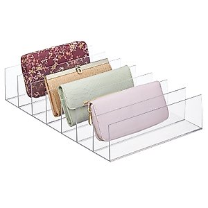 mDesign Plastic Divided Clutch Organizer for Closets, Bedrooms, Dressers - Closet Shelf Storage Solution for Purses, Wallets, Bill Folds, and Accessories - 7 Sections - Lumiere Collection - Clear