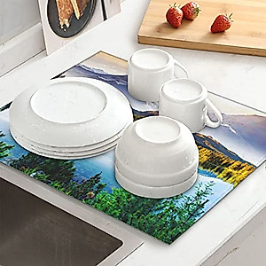 Peaceful Lake Printed Drying Mat For Kitchen Ultra Absorbent Microfiber Dishes Drainer Mats Non-Slip Silicone Quick Dry Pad - 18 X 16inch
