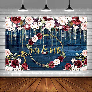 AIBIIN 7x5ft Burgundy Pink Floral Mr & Mrs Engagement Decorations Backdrop for Couples Navy Wood Wedding Bride Groom Engaged Ceremony Anniversary Bridal Shower Photography Background Photo Booth Props