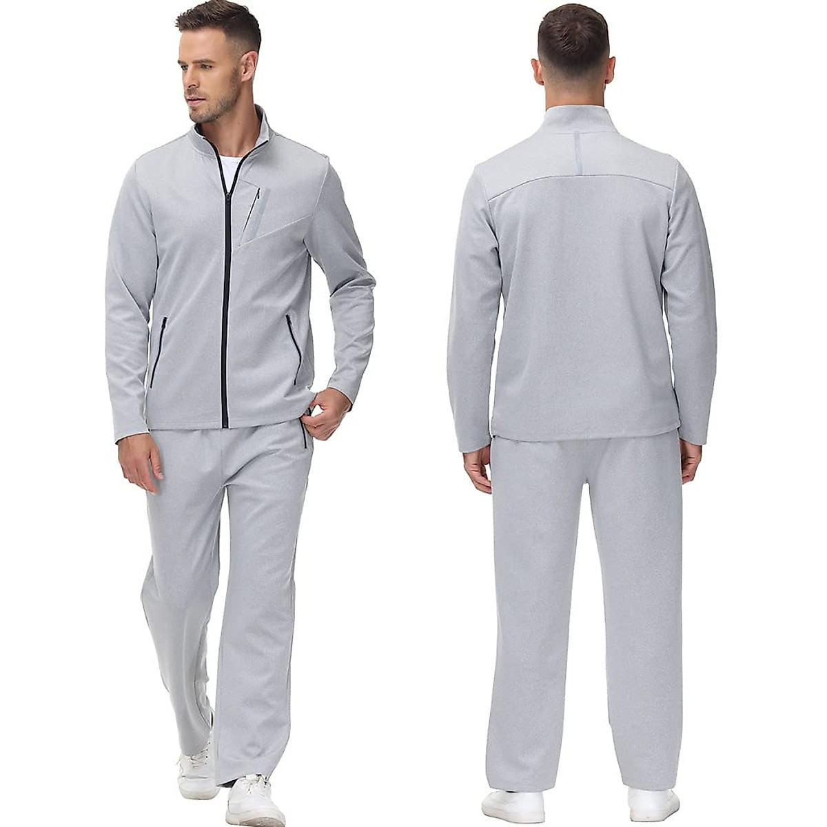 MoFiz Men's Tracksuits,Full Zip Sweat Suits For men,Solid Jogger Sets Active Jackets and Pants 2 Piece Sport Suit For Men's Outfits Light Gray L