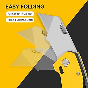 deli Folding Utility Knife Box Cutter Quick Change Blades, Back-lock Small Utility knife, Portable Belt Clip, with 5-Piece Extra Blades, Yellow