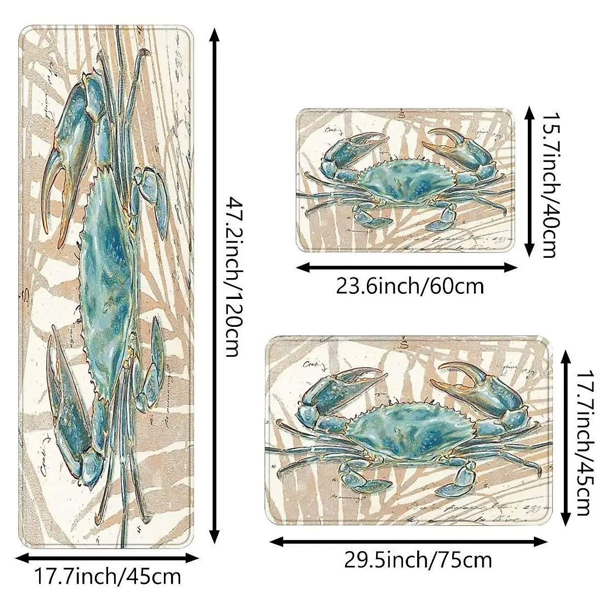 Kitchen Rugs Sets 3 Piece Floor Mats Sea Underwater Submarine Crab Durable Doormat Nautical Ocean Animal Area Rug Washable Runner Carpet Set Non Slip Fantastic Crab Design Kitchen Rugs and Mats