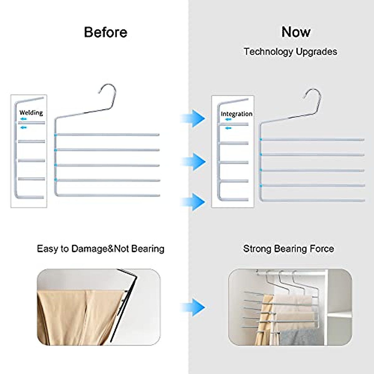 Nature Smile 4 Pack Heavy Duty Multi Layers Metal Pant Slack Hangers,Non-Slip 5-Tier Open-Ended Pants Hanger Closet Storage Organizer for Garden Flags Trousers Jeans Scarf(Silvery Grey Color