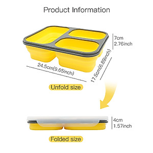 fancyfree Collapsible Silicone Benton Container, Leakproof Lunch Box with 3 Compartments, BPA Free Safe Food Storage Organizer (Yellow)