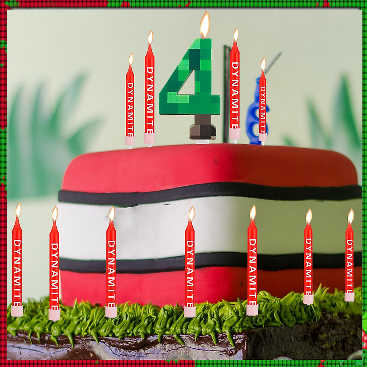 FUNCANDLE TNT Themed Birthday Candle Set,Dynamite 7 Candle with 12 Pieces Long Thin Candles,Happy 7th Birthday Candles,Dynamite Green Pixel Cake Candles for Boys Birthday Decoration Party Supplies