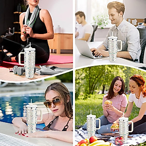 PIMDIR 40oz Leopard Tumbler with Handle Straw Lid, Stainless Steel Vacuum Insulated Reusable Travel Mug Keep Drinks Cold Ice Gym Cup, Gifts for Women Lovers, Car Holder Friendly, White