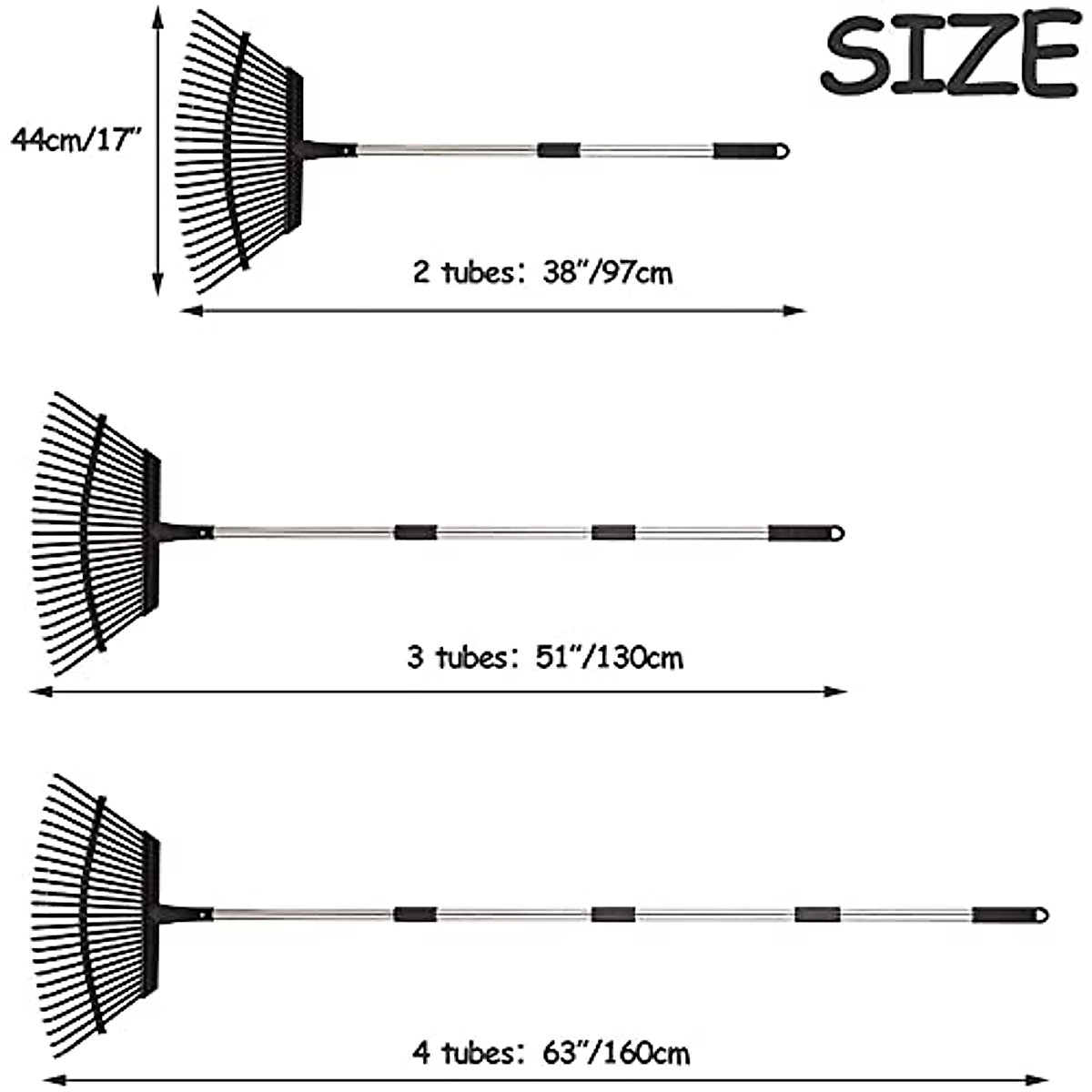 63” Garden Leaf Rake 38”-63”Adjustable Garden Rake,25 tines, Metal Rake for Quick Clean Up of Lawn and Yard